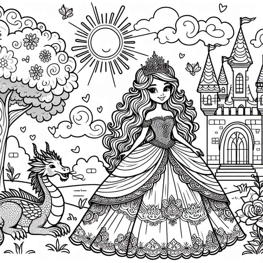 Coloring Page: Enchanting Princess and Dragon Color Page for Kids