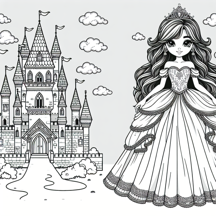 Coloring Page: Enchanting Princess and Castle Color Page for Kids