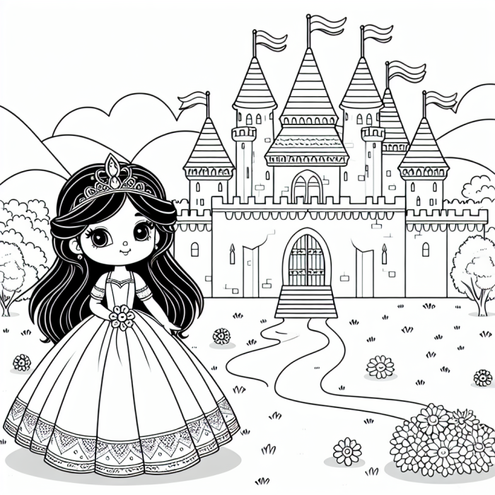 Coloring Page: Detailed Princess and Castle Color Page for Kids