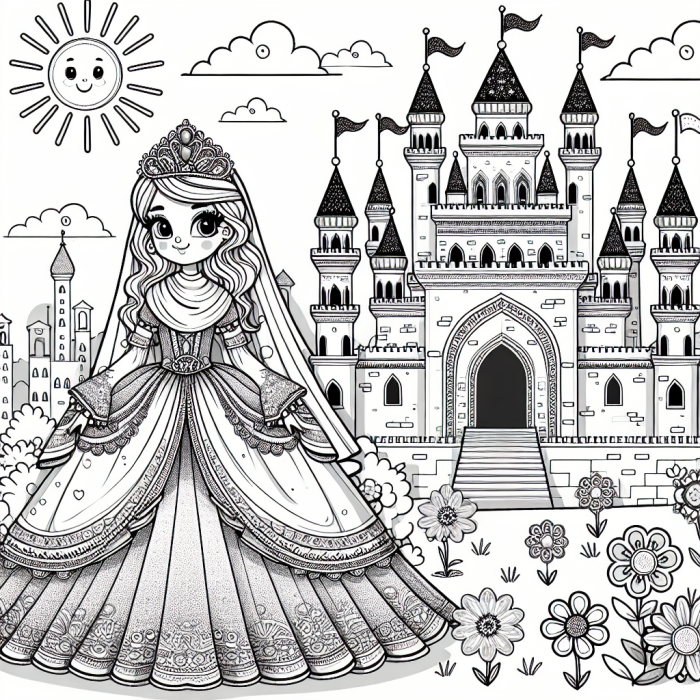 Coloring Page: Color Page for Kids: Charming Princess in Front of Castle