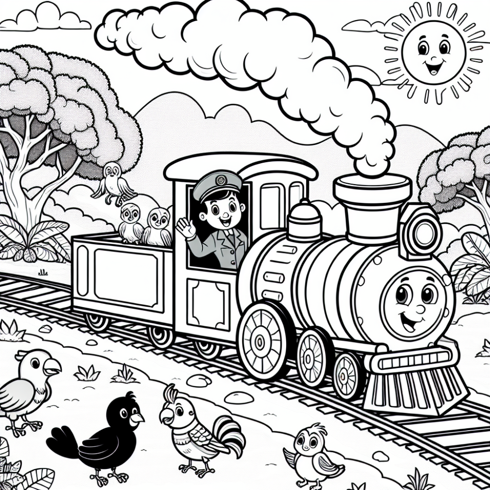 Coloring Page: Color Page for Kids: Conductor Waving from a Smiling Train