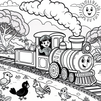 Coloring Page: Color Page for Kids: Conductor Waving from a Smiling Train