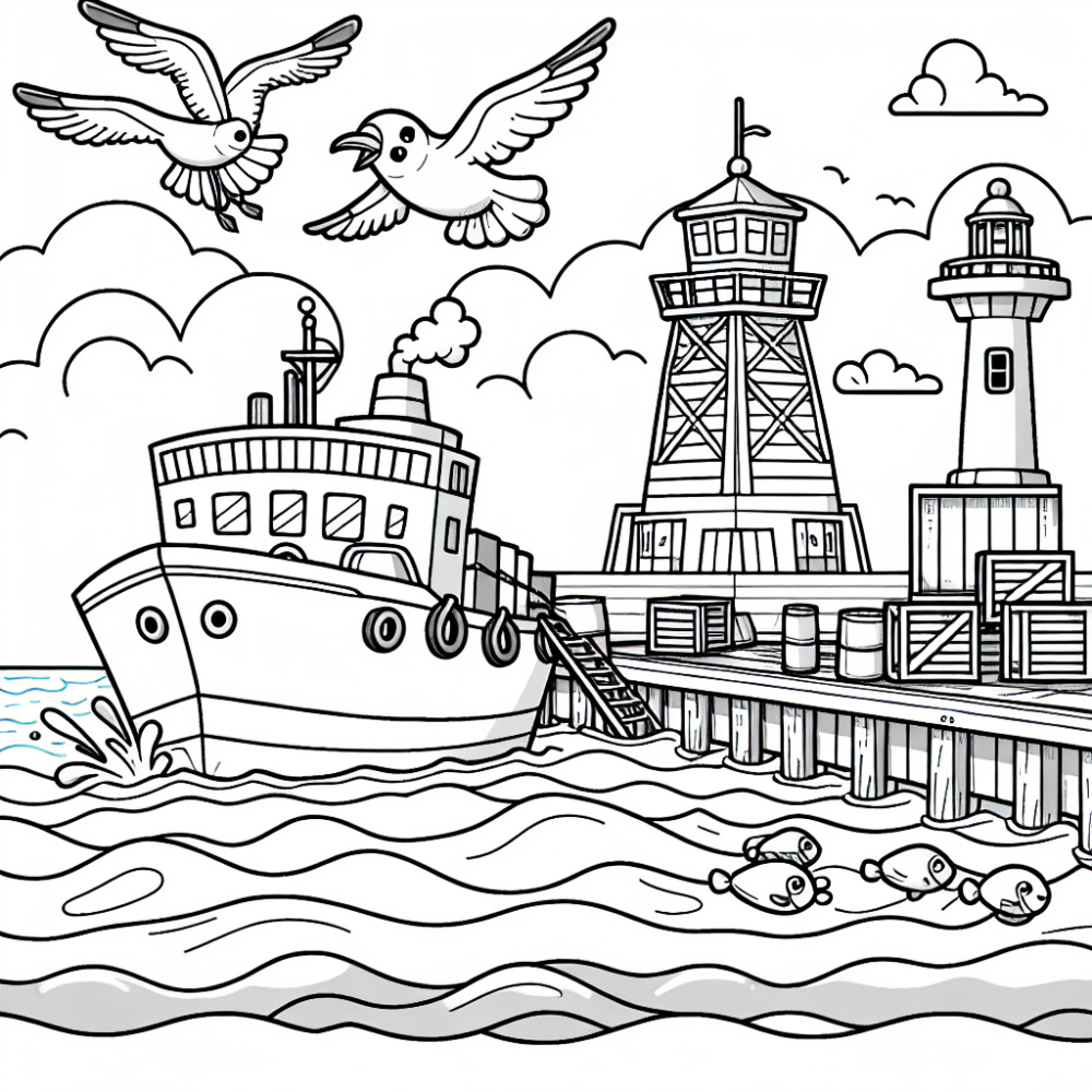 Coloring Page: Harbor Scene Color Page for Kids