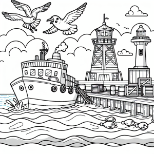 Coloring Page: Harbor Scene Color Page for Kids