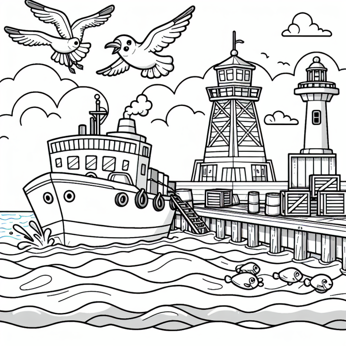 Coloring Page: Harbor Scene Color Page for Kids