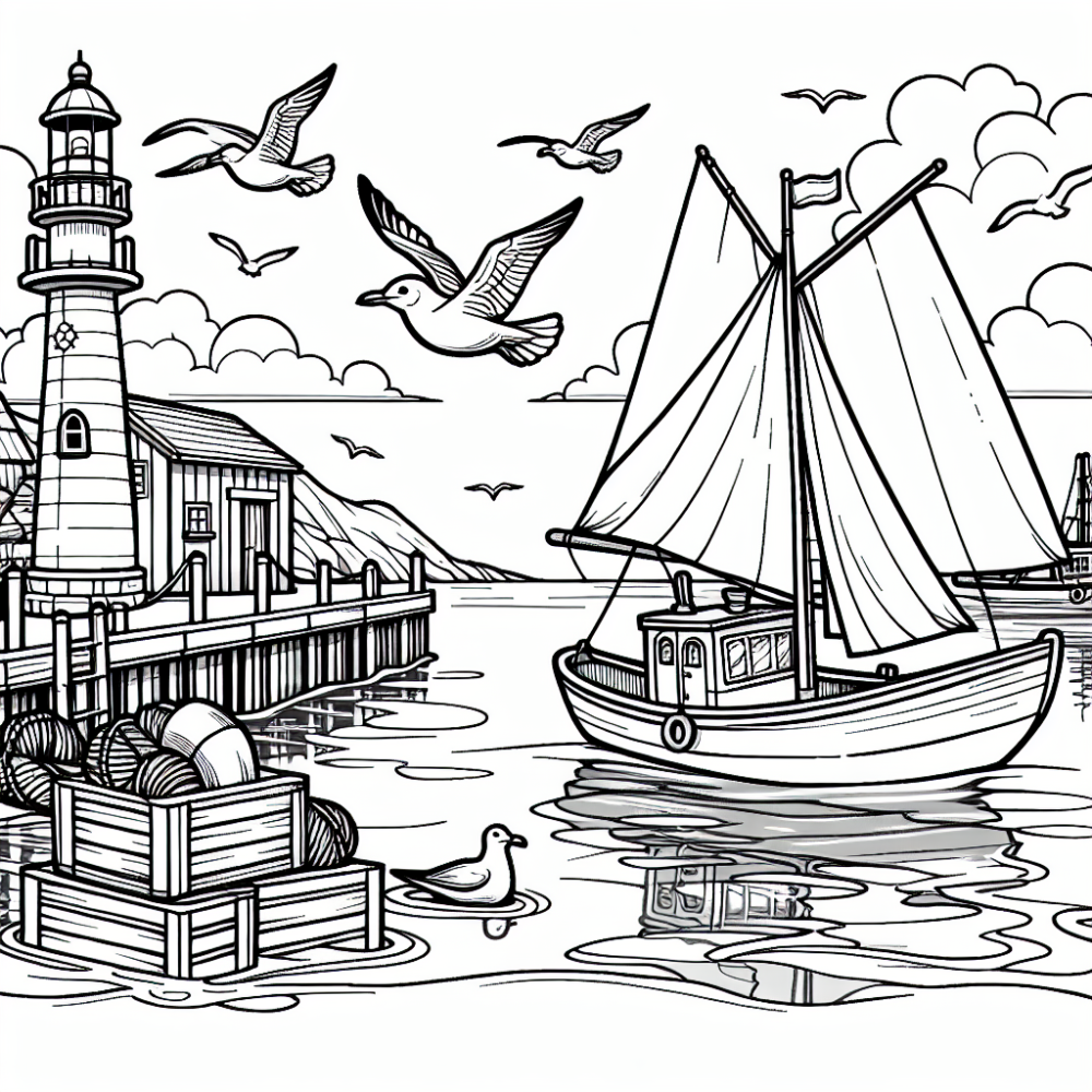 Coloring Page: Maritime Adventures: Harbor Scene Color Page for Kids
