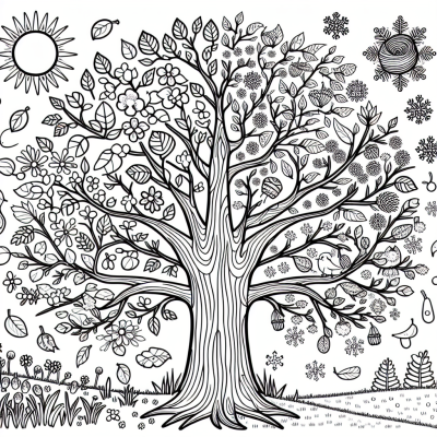 Coloring Page: Seasonal Tree Color Page for Kids