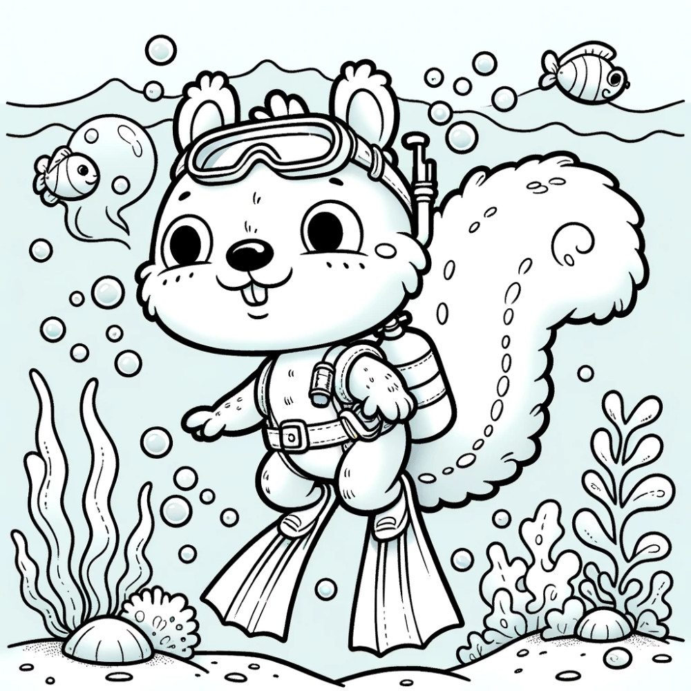 Coloring Page: Underwater Adventure: Scuba Diving Squirrel - Color Page ...