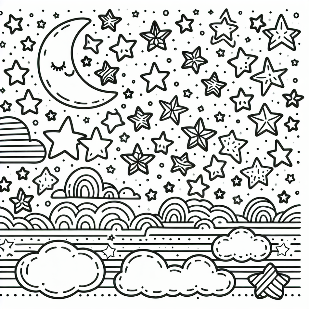 Coloring Page: Color Page for Kids featuring a Whimsical Night Sky