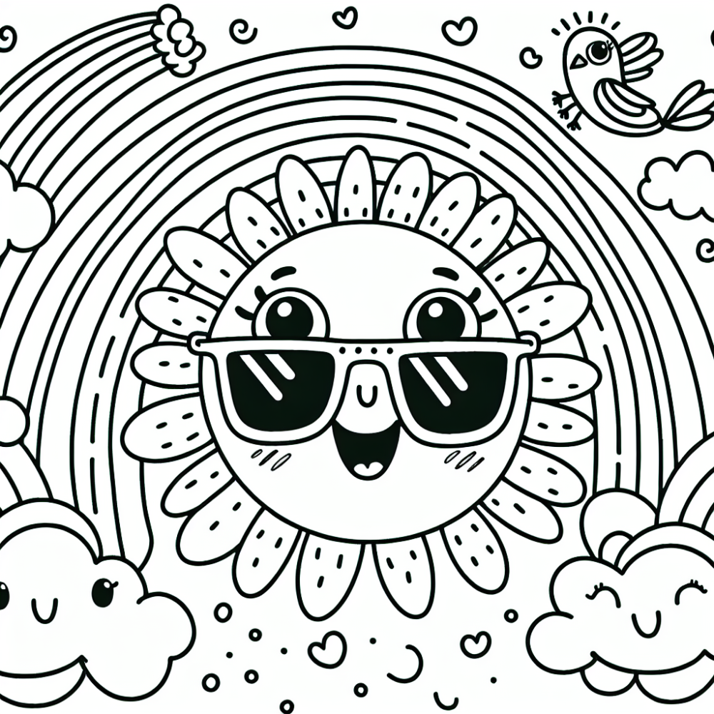 Coloring Page: Cheerful Sun and Rainbow Color Page for Kids