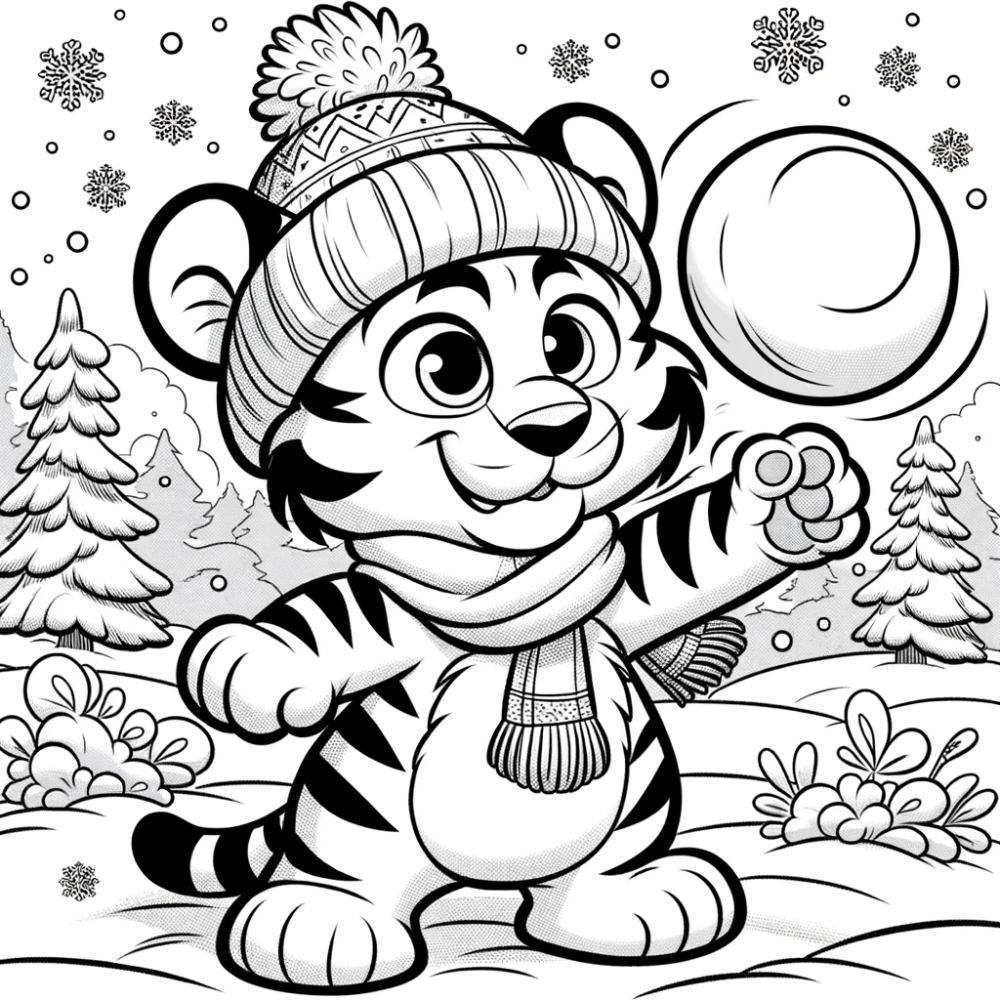 Coloring Page: Charming Tiger Snowball Fun Color Page for Kids
