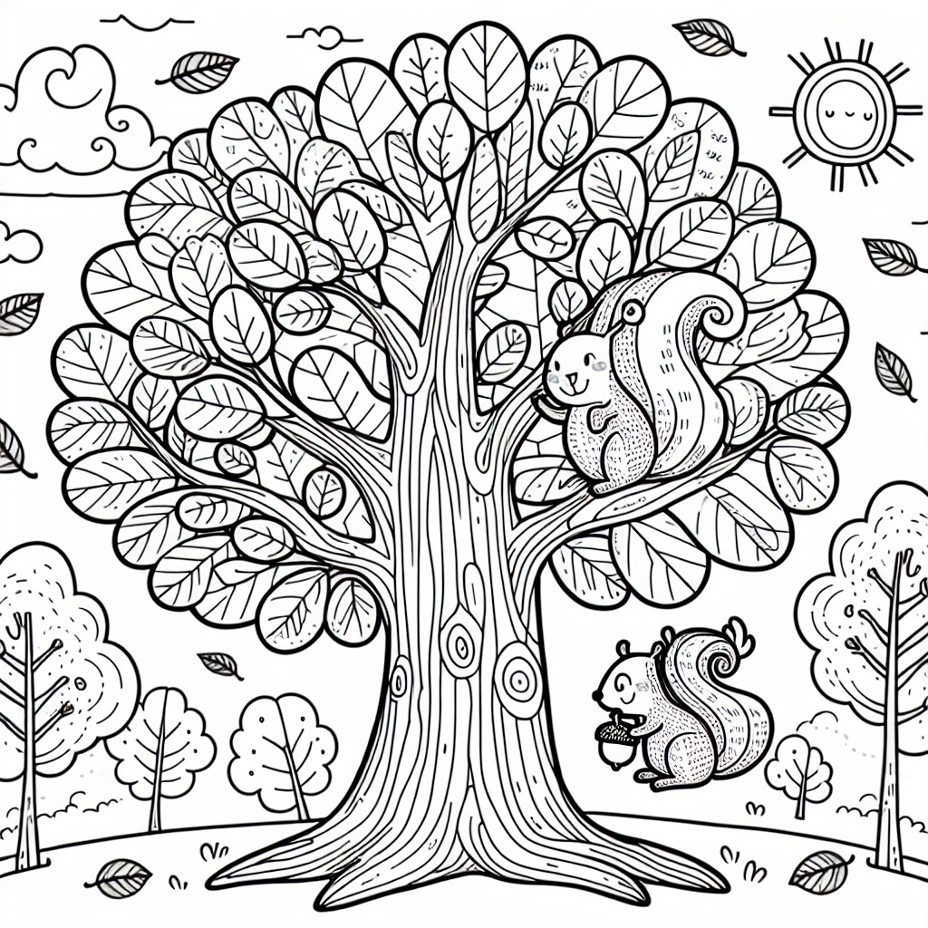 Coloring Page: Nature-Themed Color Page for Kids Featuring Cute Squirrels