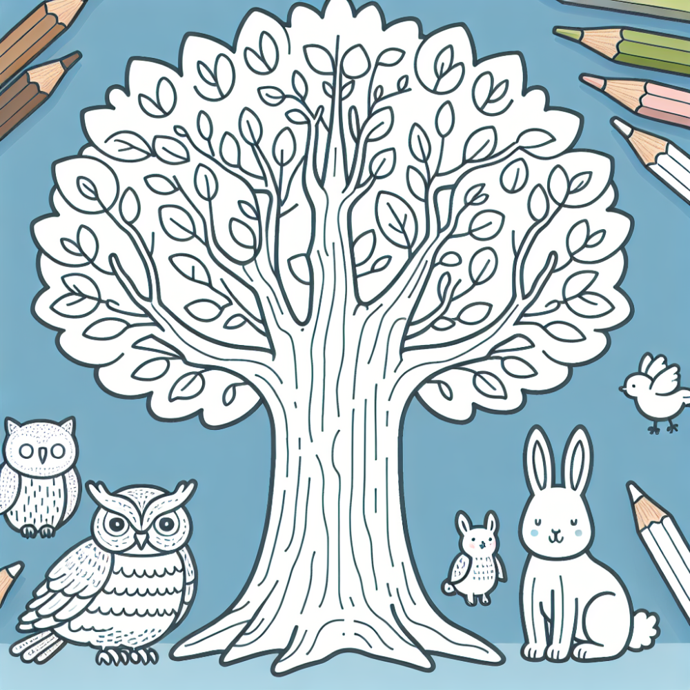 Coloring Page: Color Page for Kids: Nature Scene with Tree and Animals
