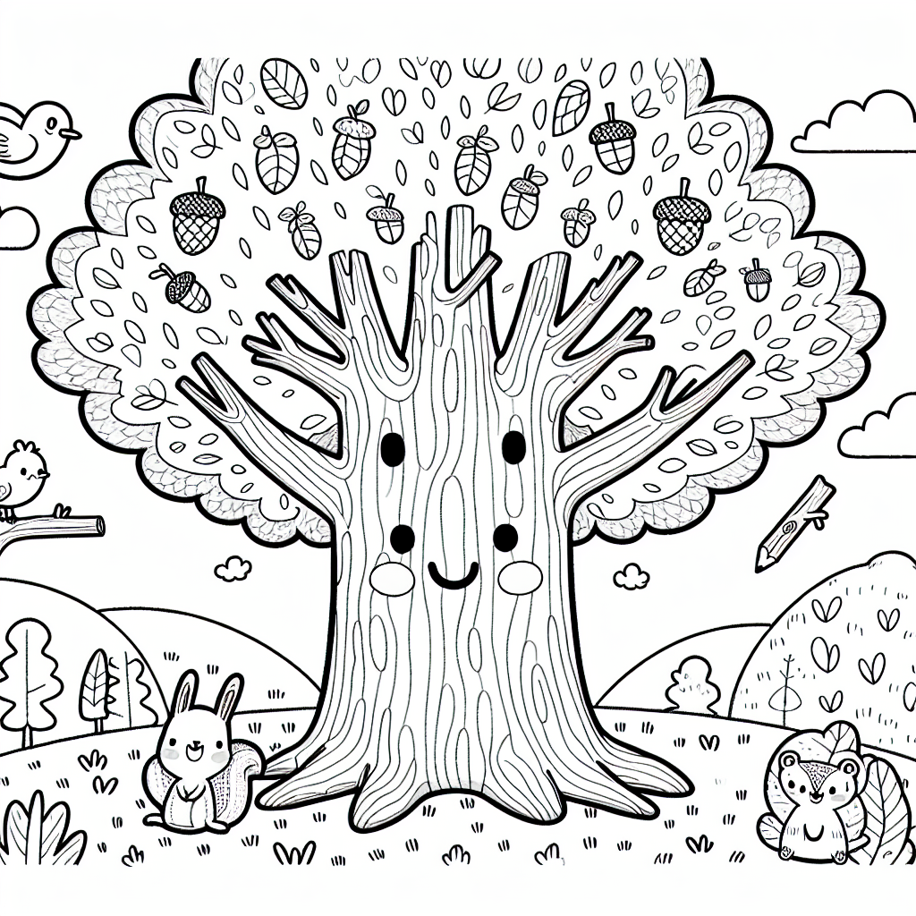 Coloring Page: Color Page for Kids: Happy Tree and Forest Friends