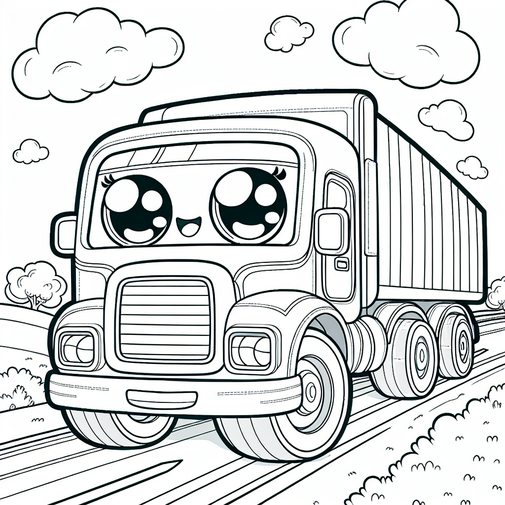 Coloring Page: Color Page for Kids Featuring a Cheerful Cartoon Truck