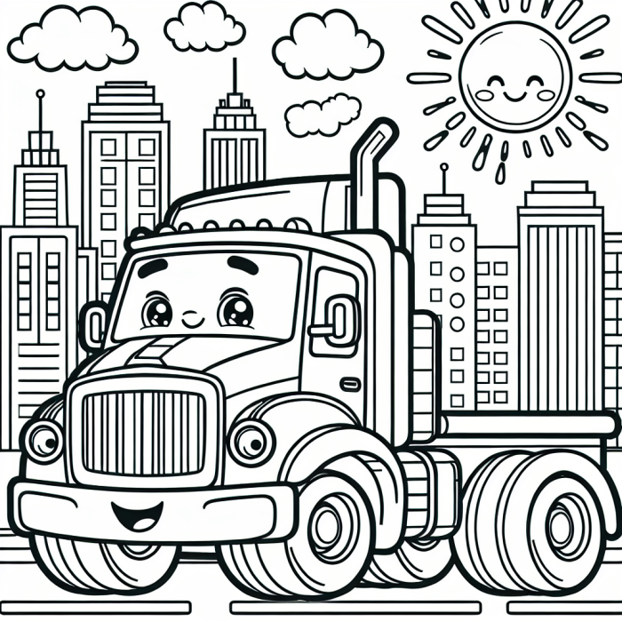 Coloring Page: Color Page for Kids - Happy Truck Driving in a City