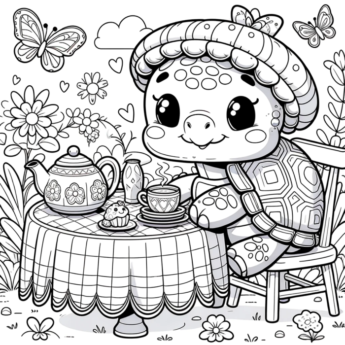 Coloring Page: Whimsical Turtle Tea Time - Fun Color Page for Kids