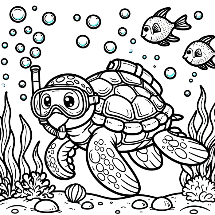 Coloring Page: Underwater Adventure - Snorkeling Turtle Color Page for Kids