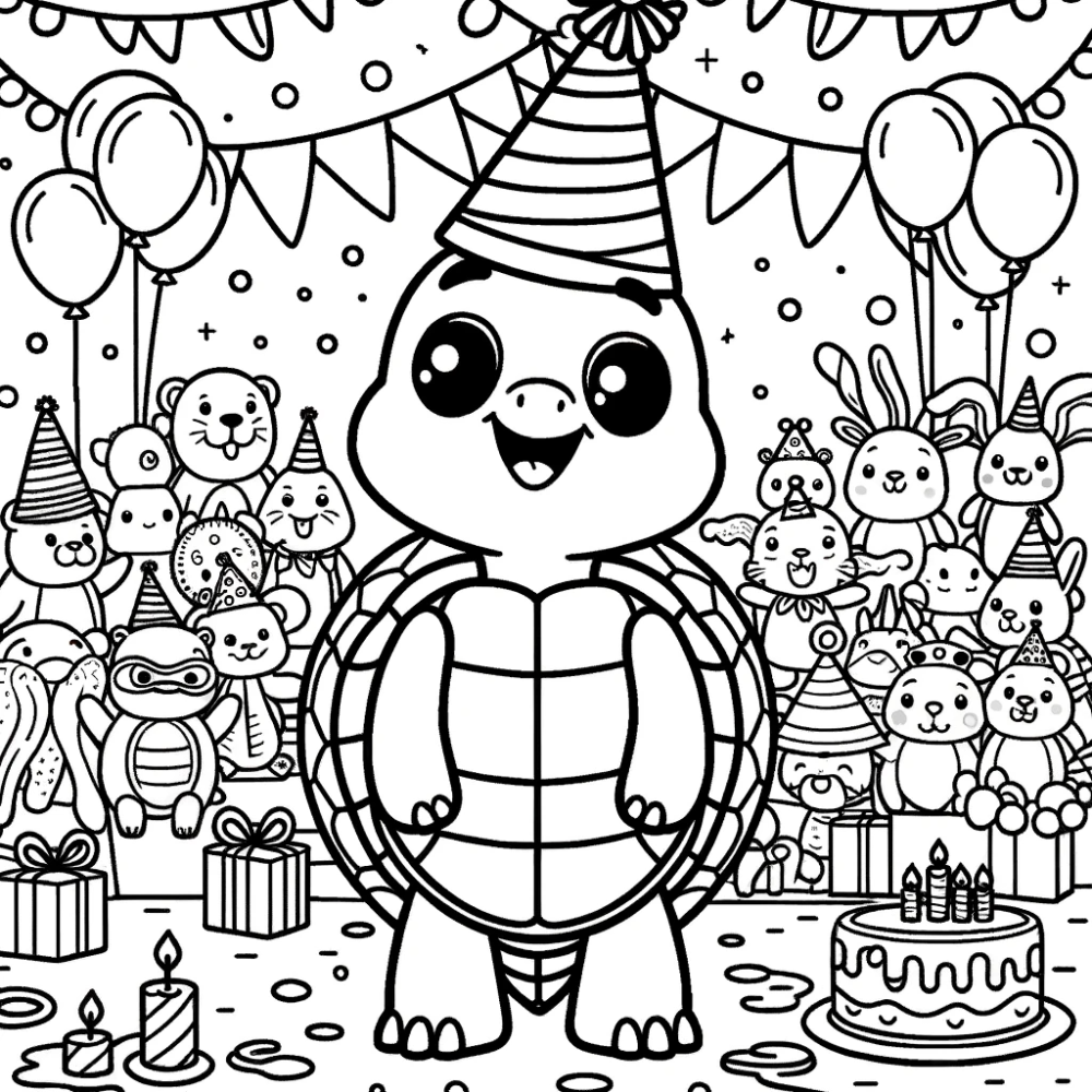 Coloring Page: Adorable Turtle Birthday Celebration - Free Color Page ...