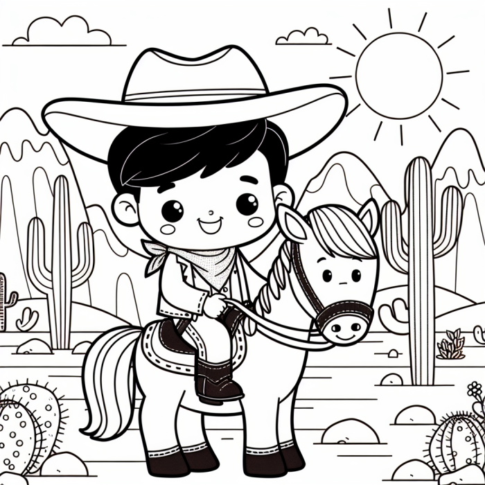 Coloring Page: Color Page for Kids - Happy Cowboy Riding Horse